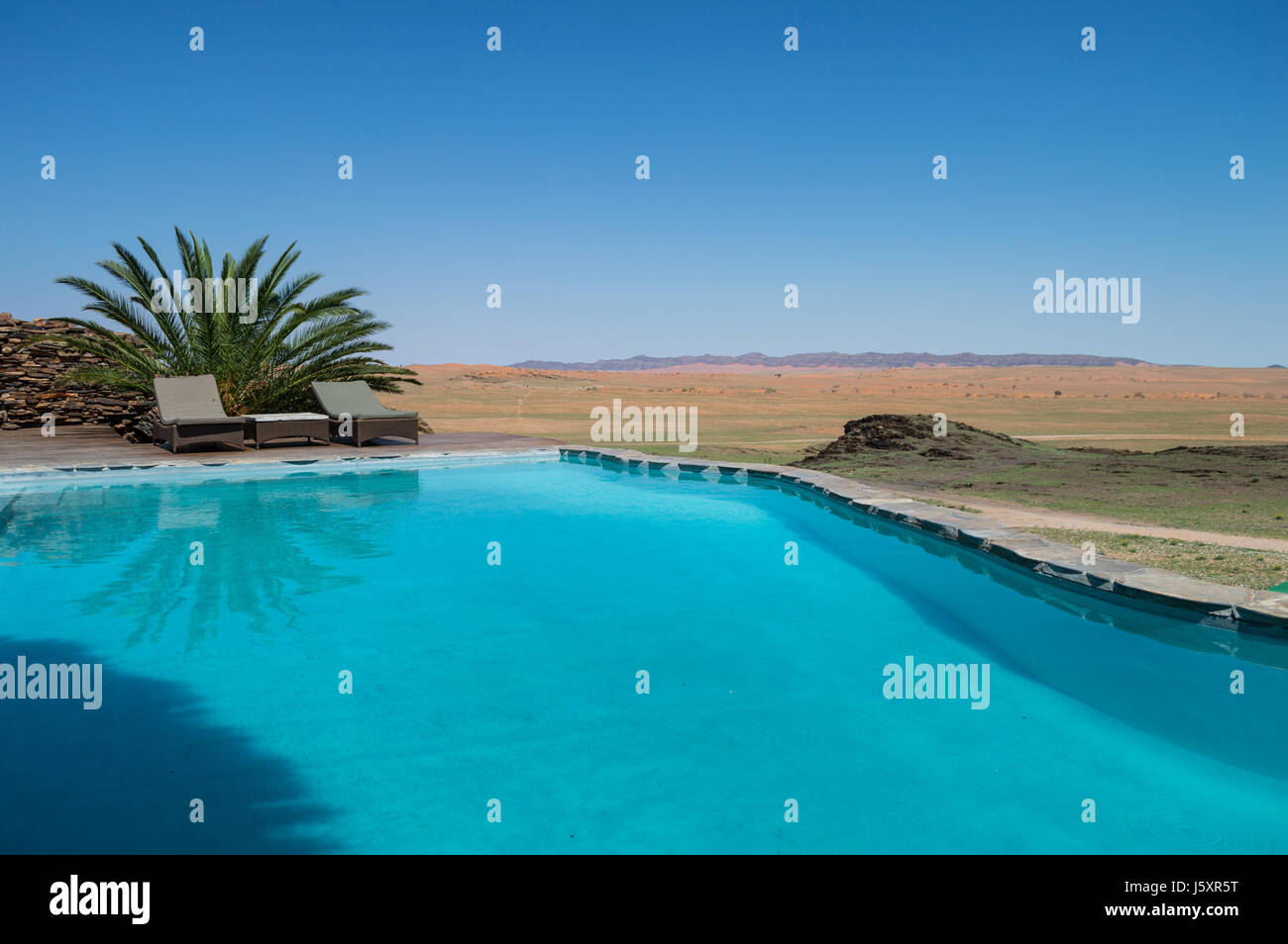 Pool with Palm and Sun Beds in a Desert Landscape near Solitaire ...