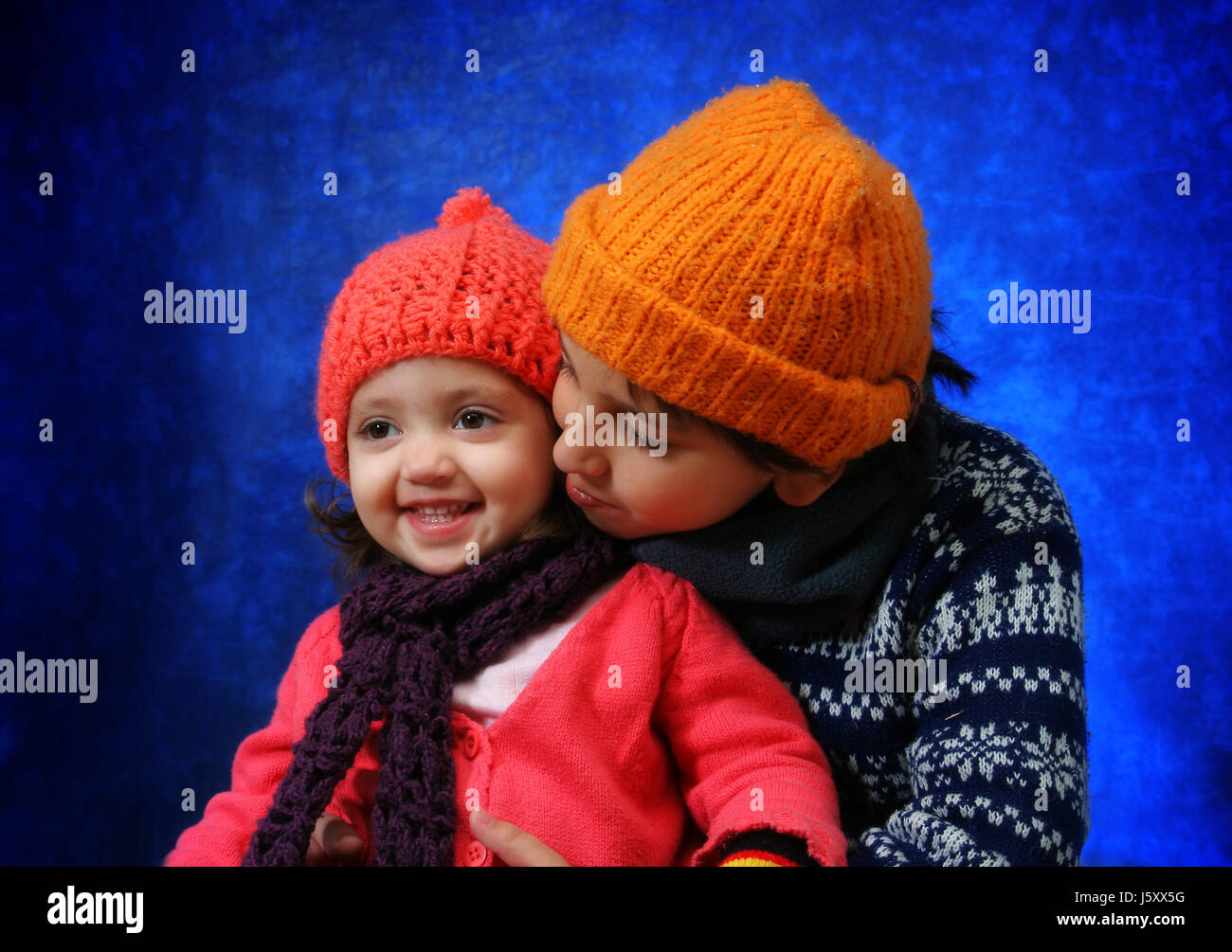 winter hat sister brother scarf freeze child children kids cold blue ...