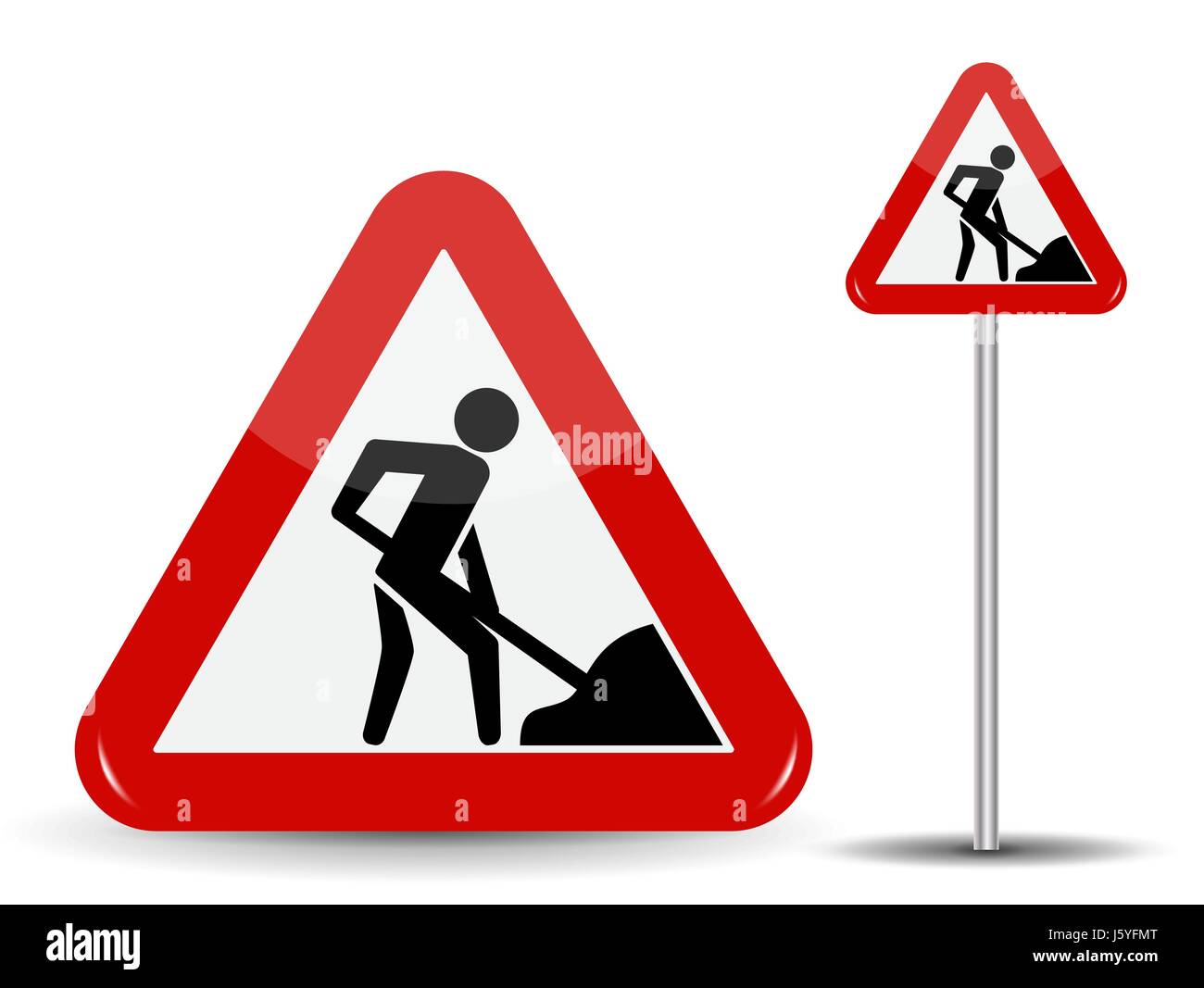 Road sign Warning Road works. In the Red Triangle a man with shovel in ...