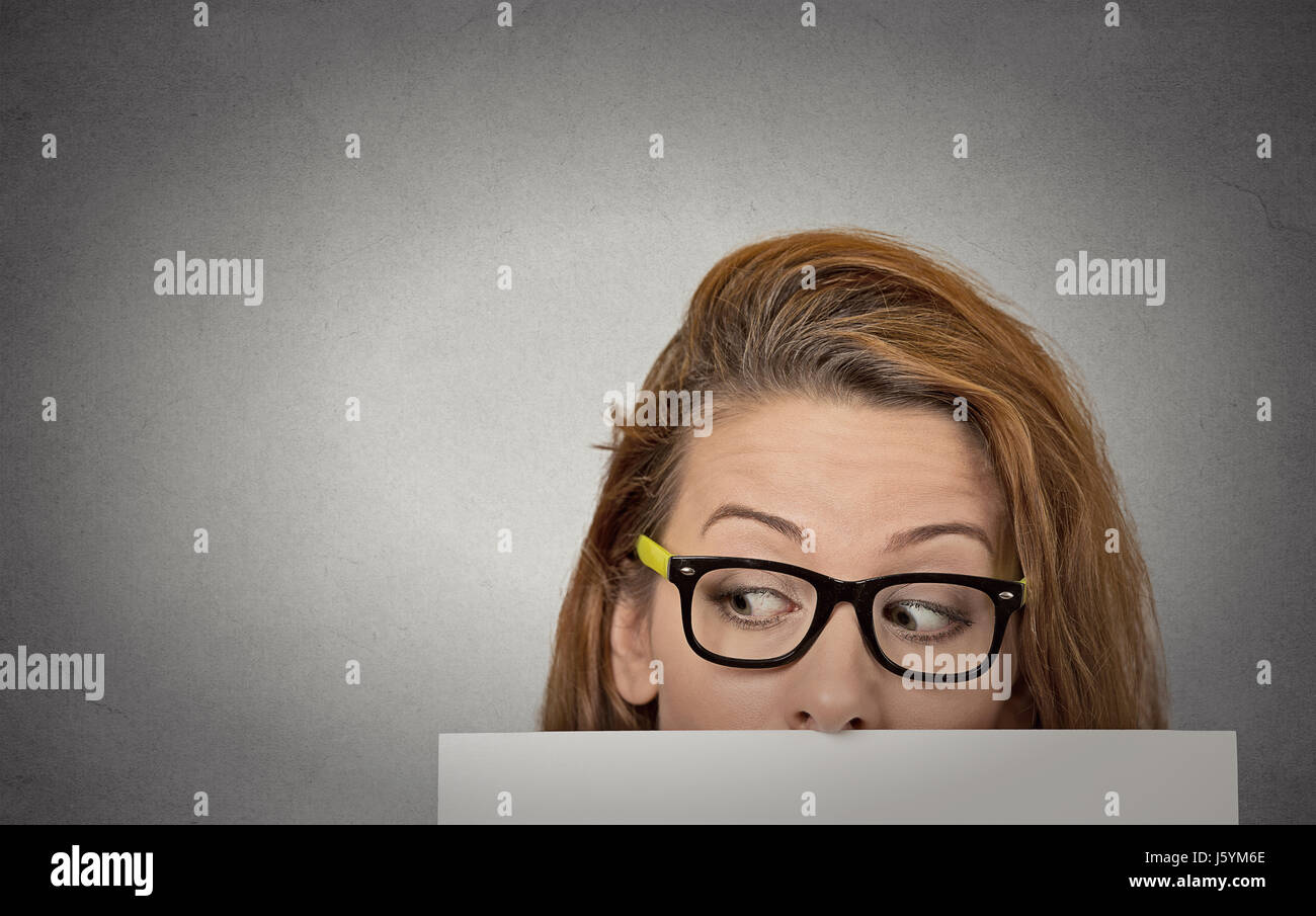 Banner sign woman peeking over edge of blank empty paper billboard ...