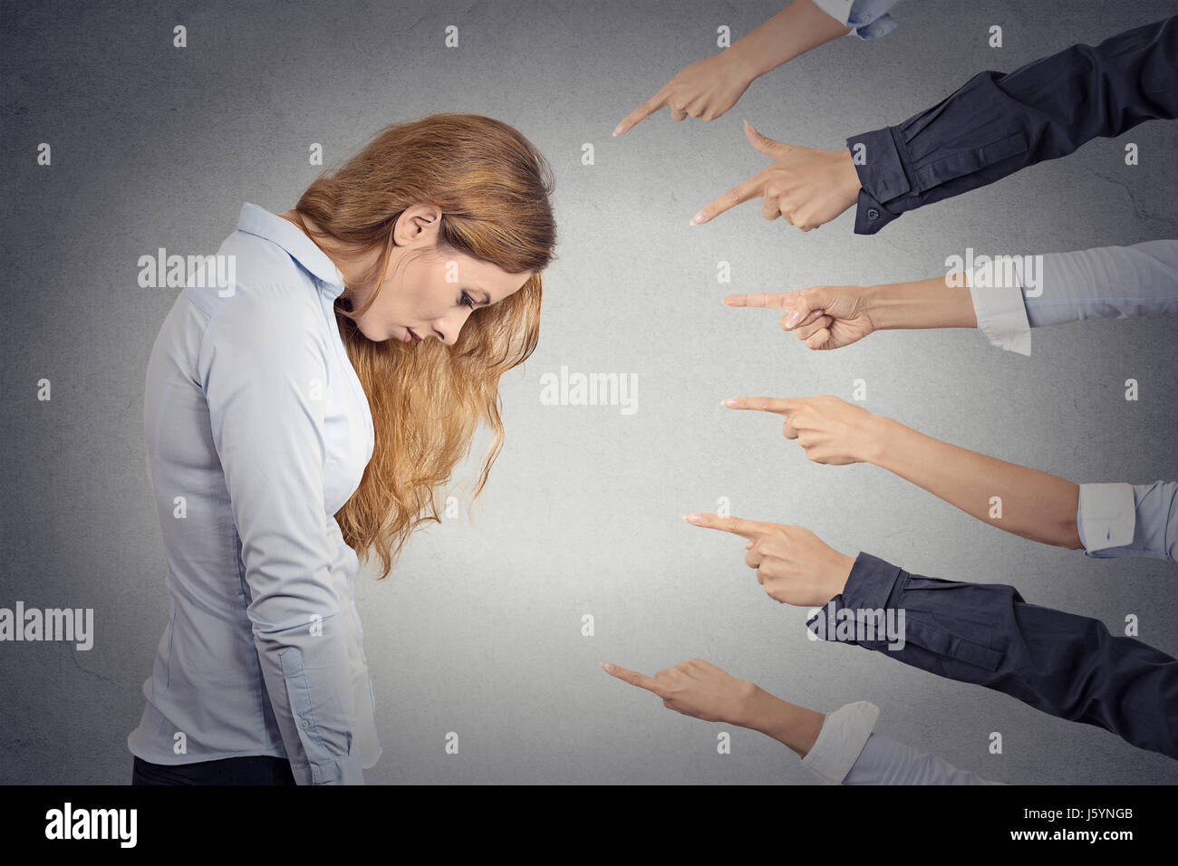 Concept of accusation of guilty businesswoman. Side profile portrait ...