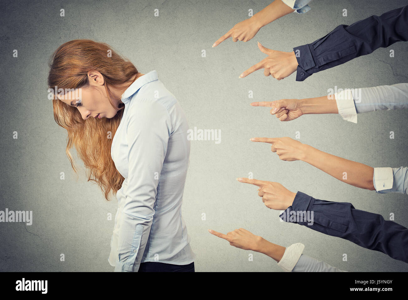 Concept of accusation guilty businesswoman person. Side profile sad ...