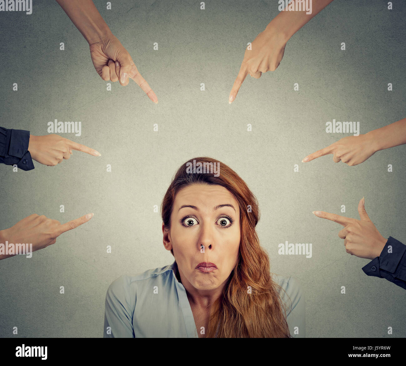 Concept of accusation of guilty businesswoman. Portrait confused upset ...