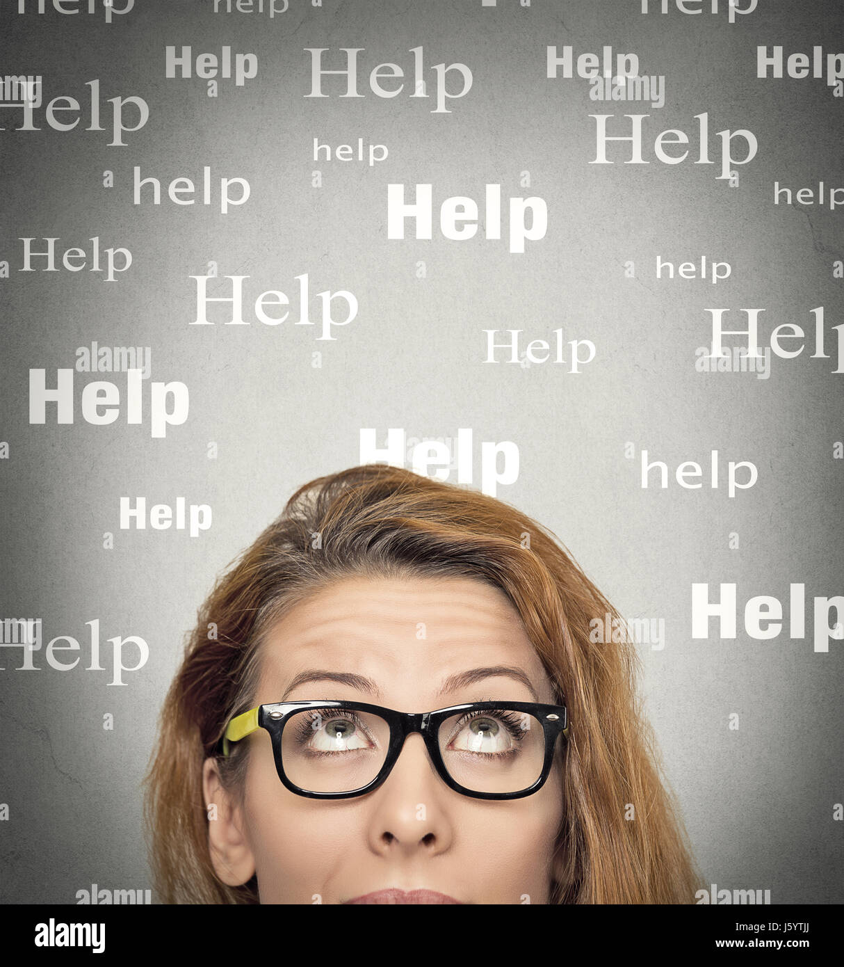 woman needs help. Headshot young woman with glasses looking up thinking ...