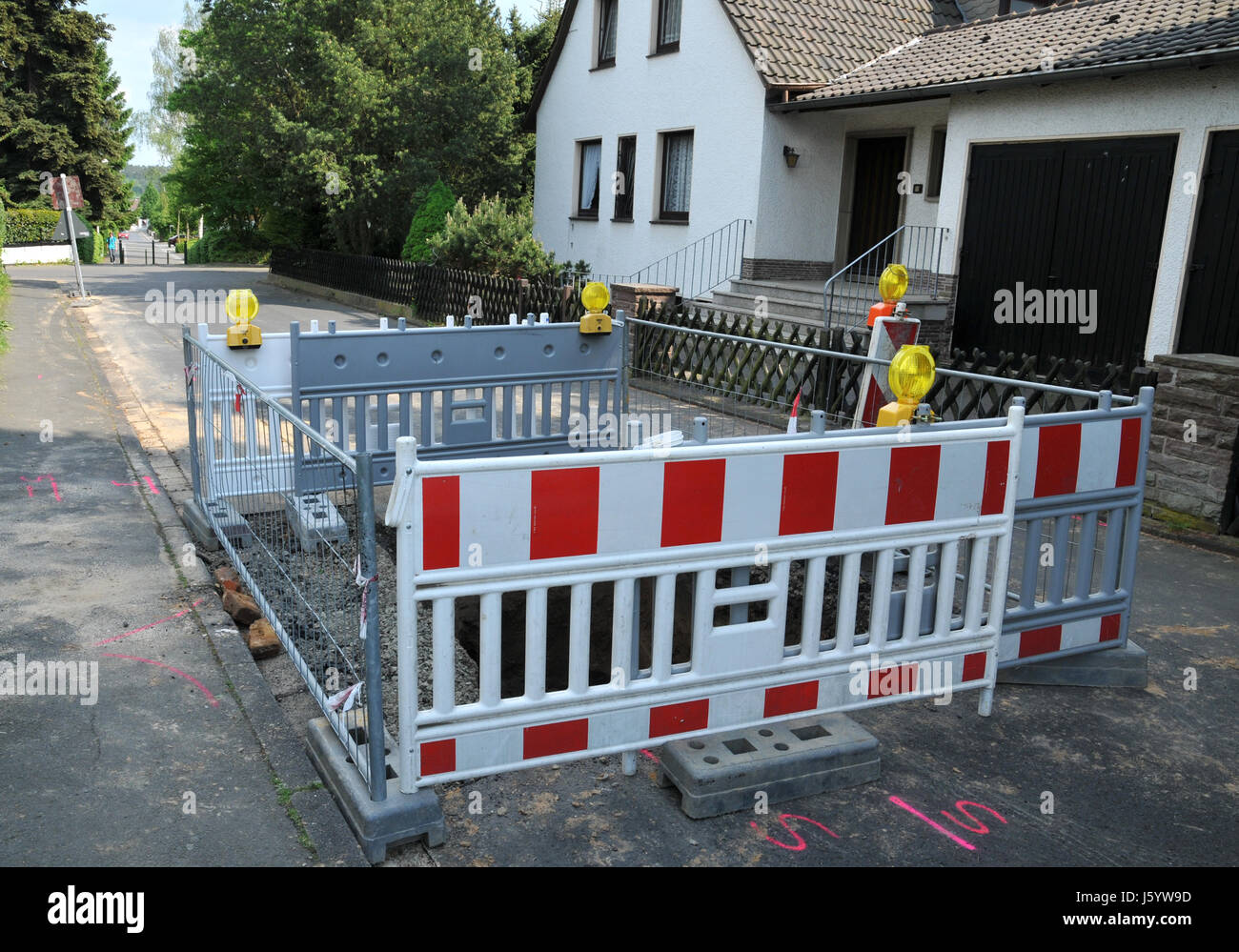 danger barrier pipe burst traffic block construction site house ...