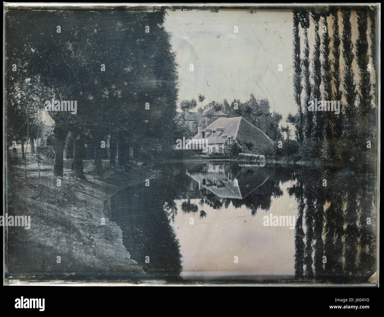 A painting titled 'Landscape with Cottage', showing a rural scene with ...