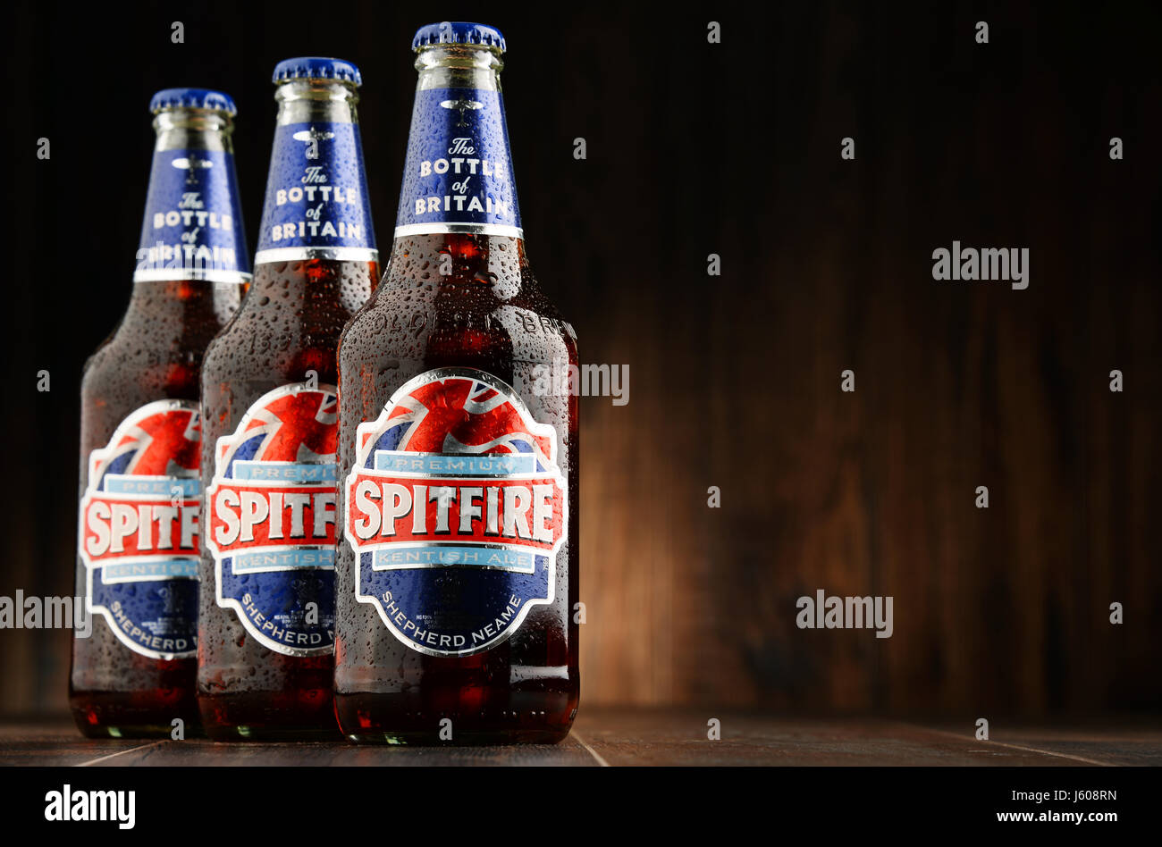 POZNAN, POLAND - AUGUST 12, 2016: Spitfire Premium Kentish Ale is the ...