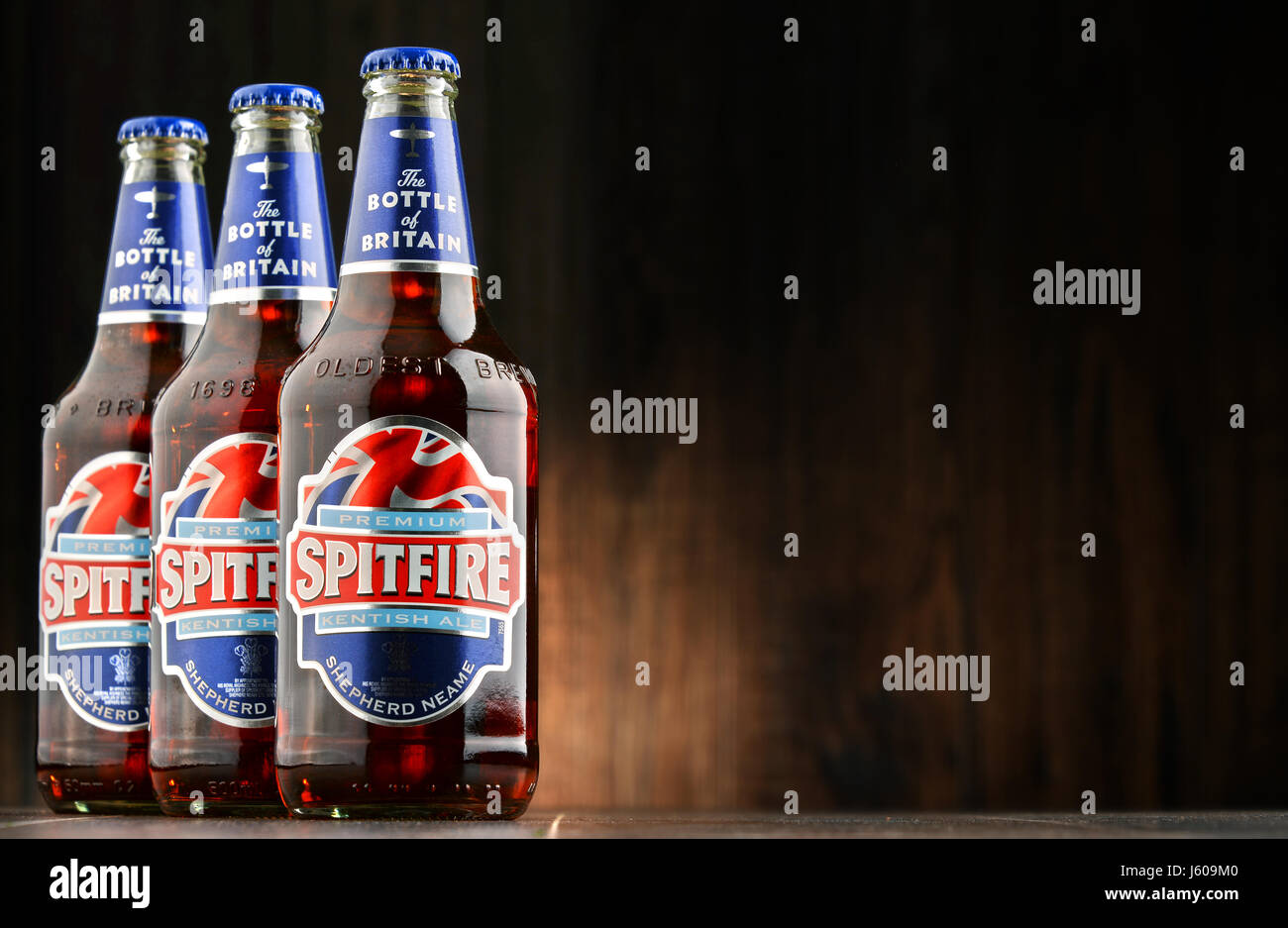 POZNAN, POLAND - AUGUST 12, 2016: Spitfire Premium Kentish Ale is the ...