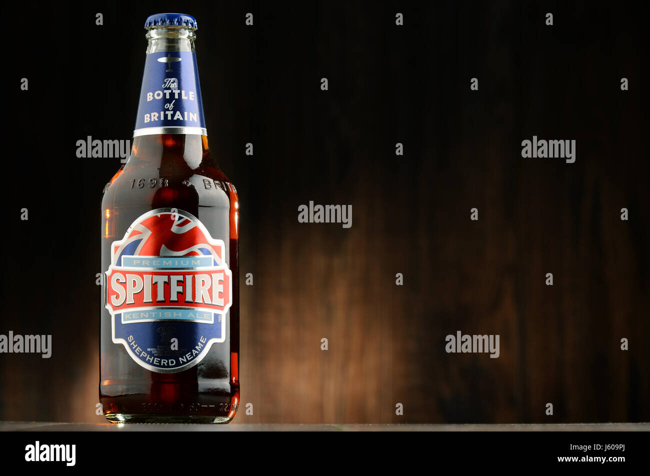 POZNAN, POLAND - AUGUST 12, 2016: Spitfire Premium Kentish Ale is the ...