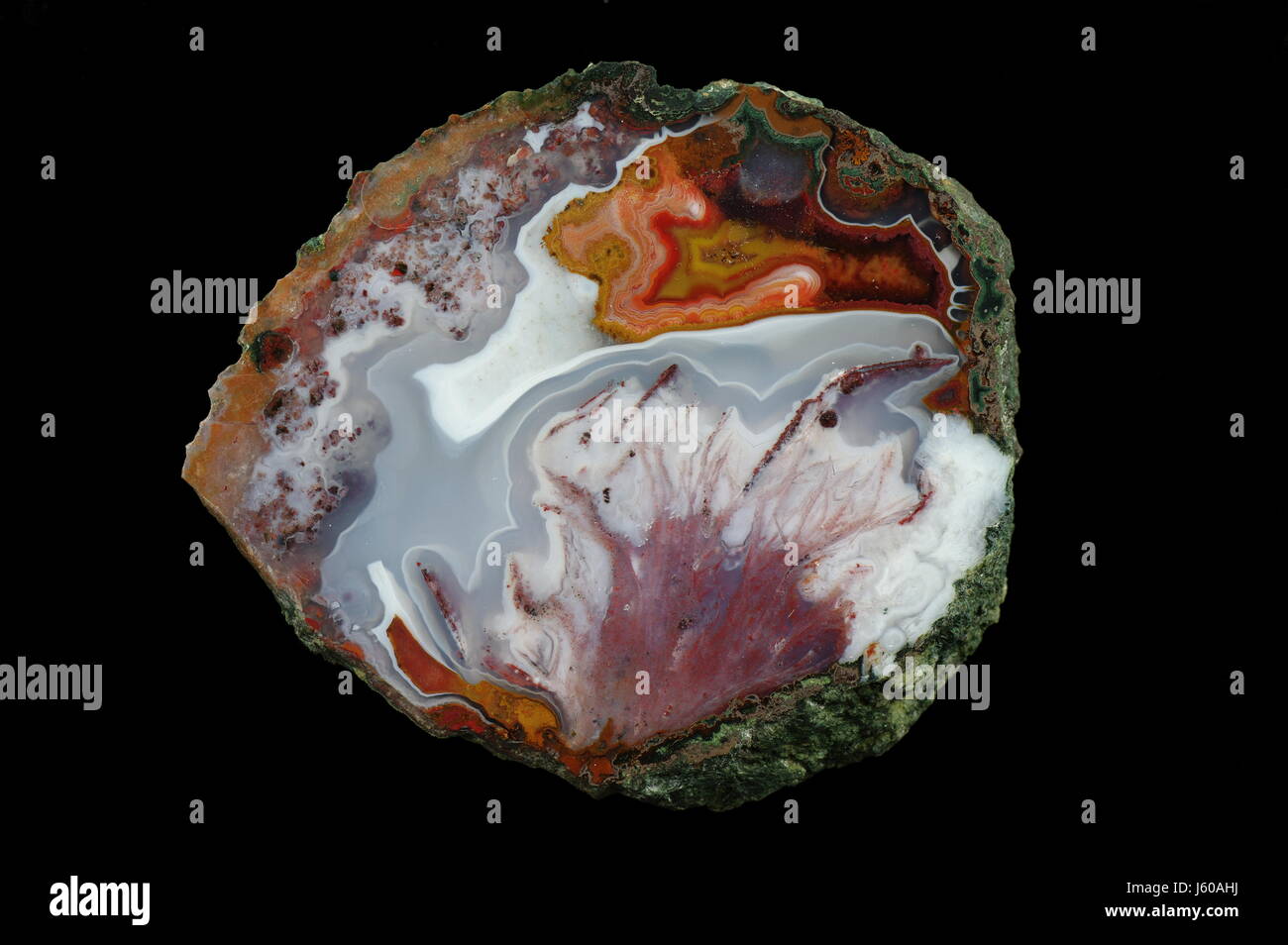 A cross section of the agate stone. At the top is concentic agate, at ...