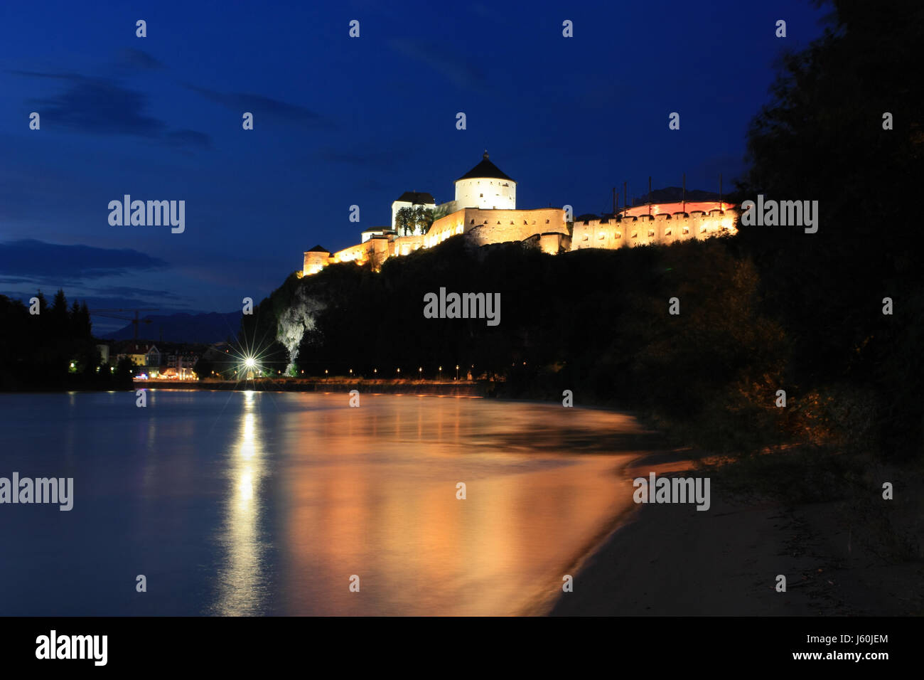 night nighttime lighted old town fortress tyrol chateau castle blue ...