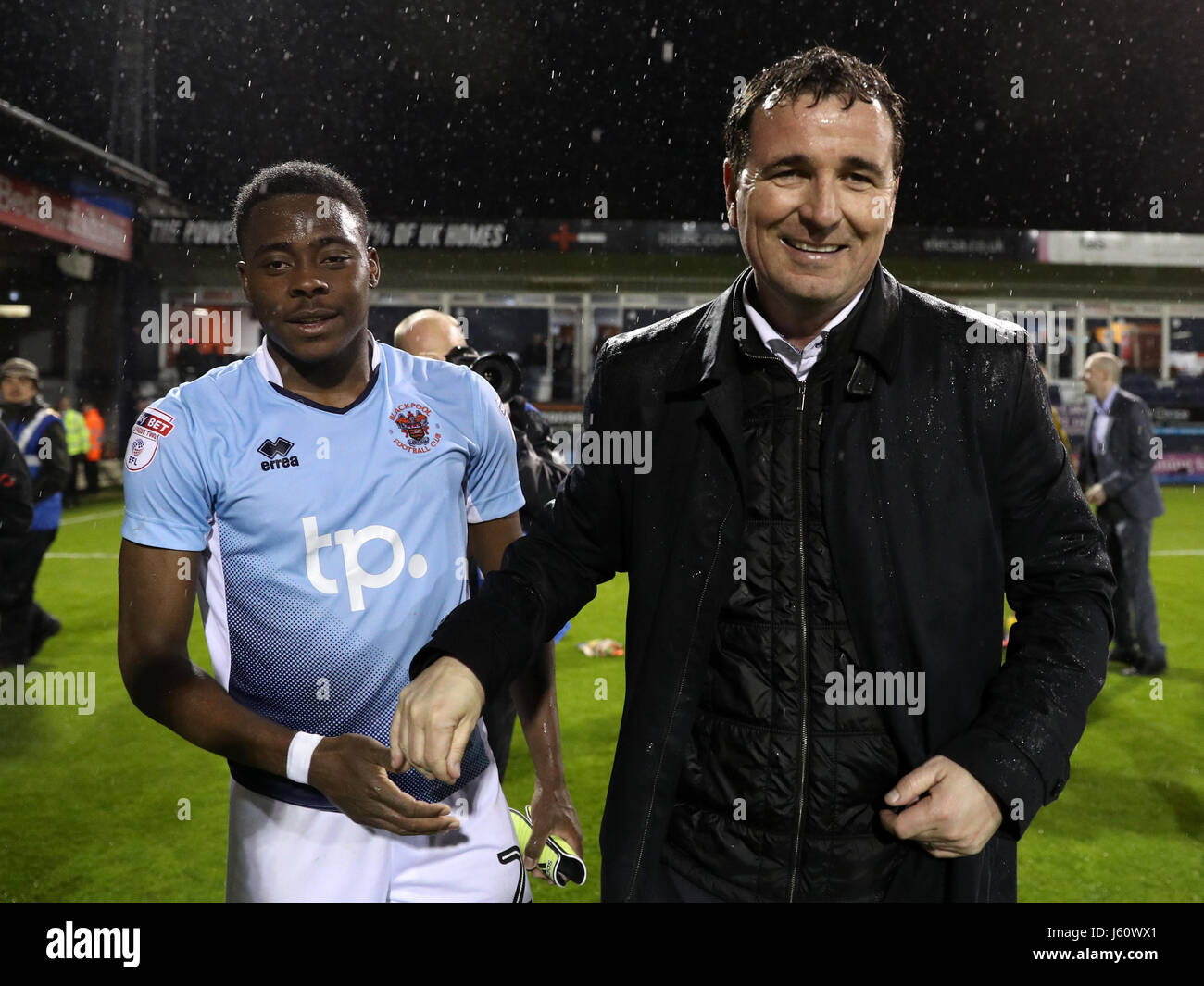 Blackpool's Bright Samuel and manager Gary Bowyer celebrate promotion ...