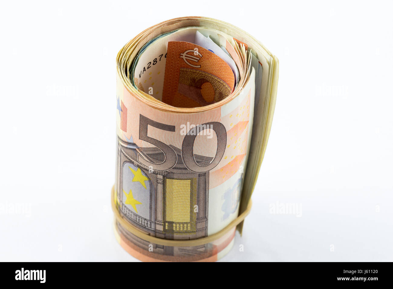 Fifty Euro rolled up on white background Stock Photo - Alamy