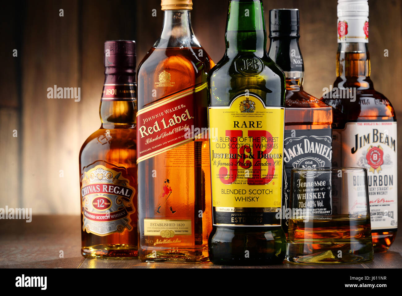 POZNAN, POLAND - NOV 23, 2016: Whiskey is the most popular liquor in ...