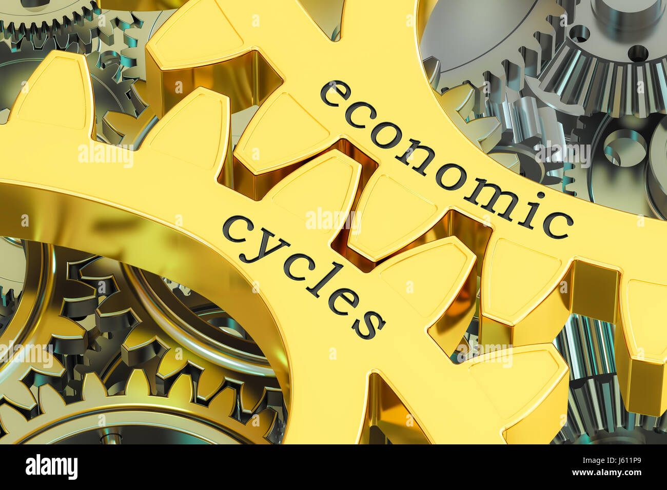 Economics Cycles concept on the gearwheels, 3D rendering Stock Photo ...