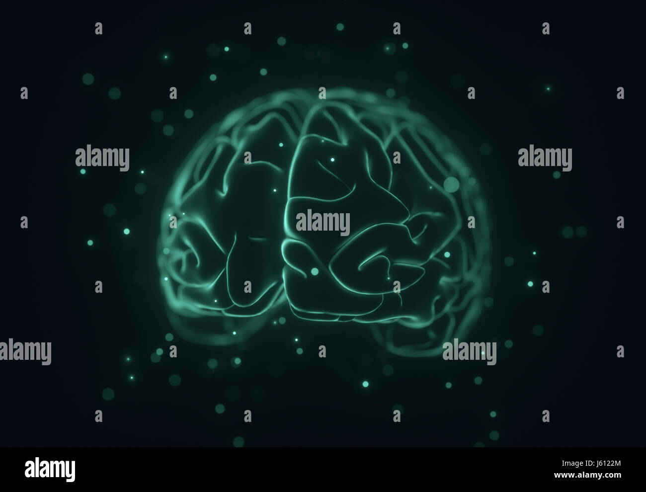 3D illustration. Stylized image of a brain inside a liquid with air ...