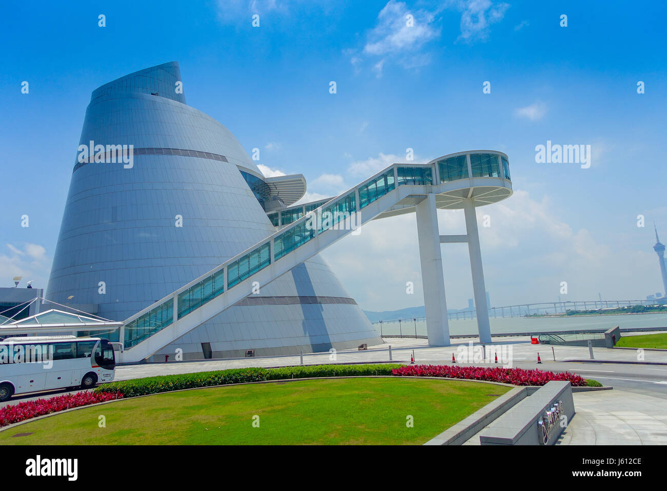 Macau Science Center, a distinctive, asymmetrical, conical shape ...