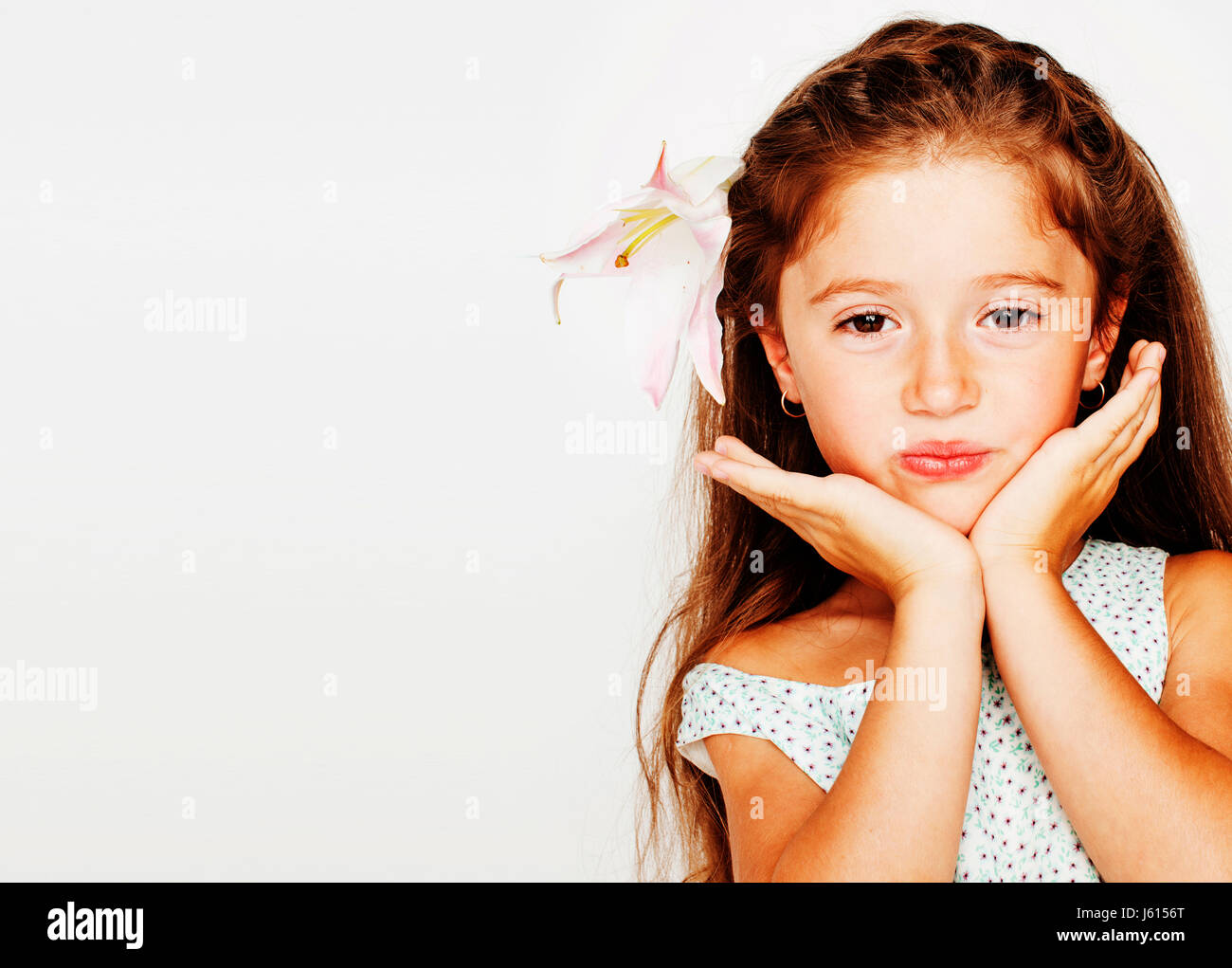little cute spring girl in fancy dress isolated on white background, fashion stylish kid ...