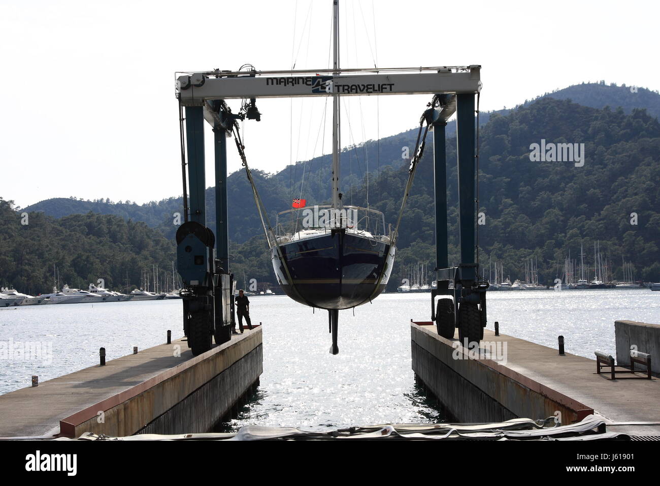 sailboat on ship lift Stock Photo - Alamy