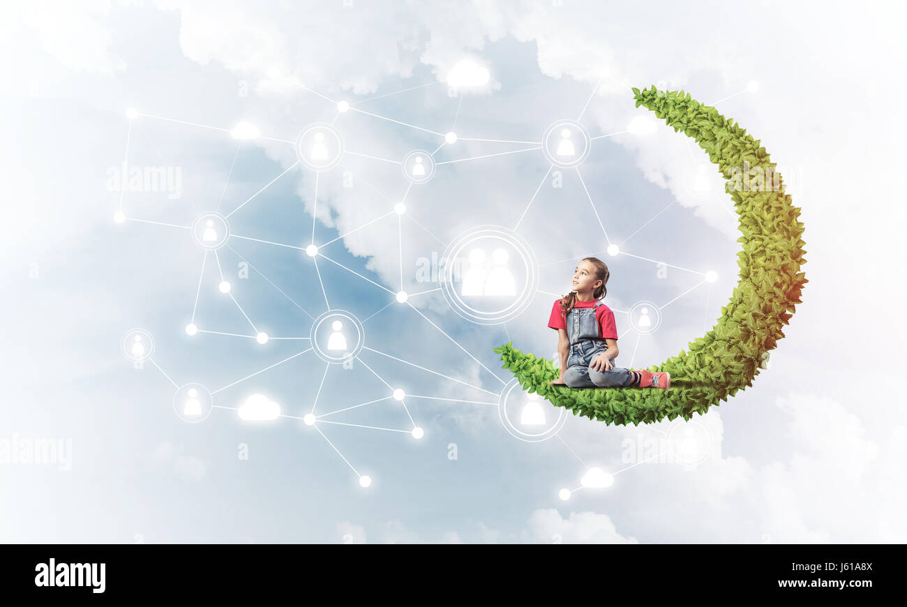 Concept of careless happy childhood with girl dreaming about som Stock ...