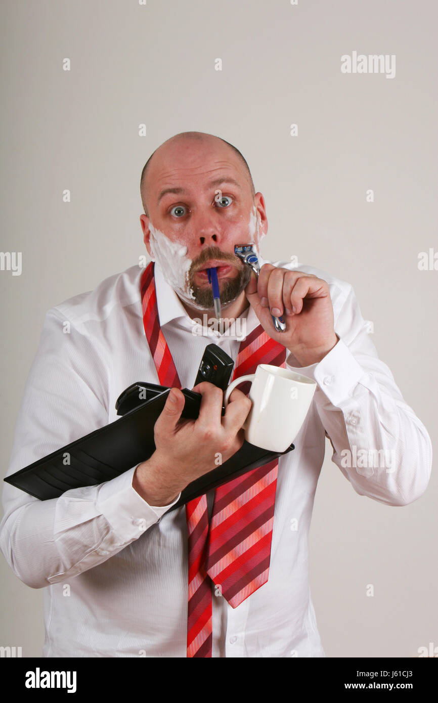 panic business man businessman busy multitasking shaving man late job ...
