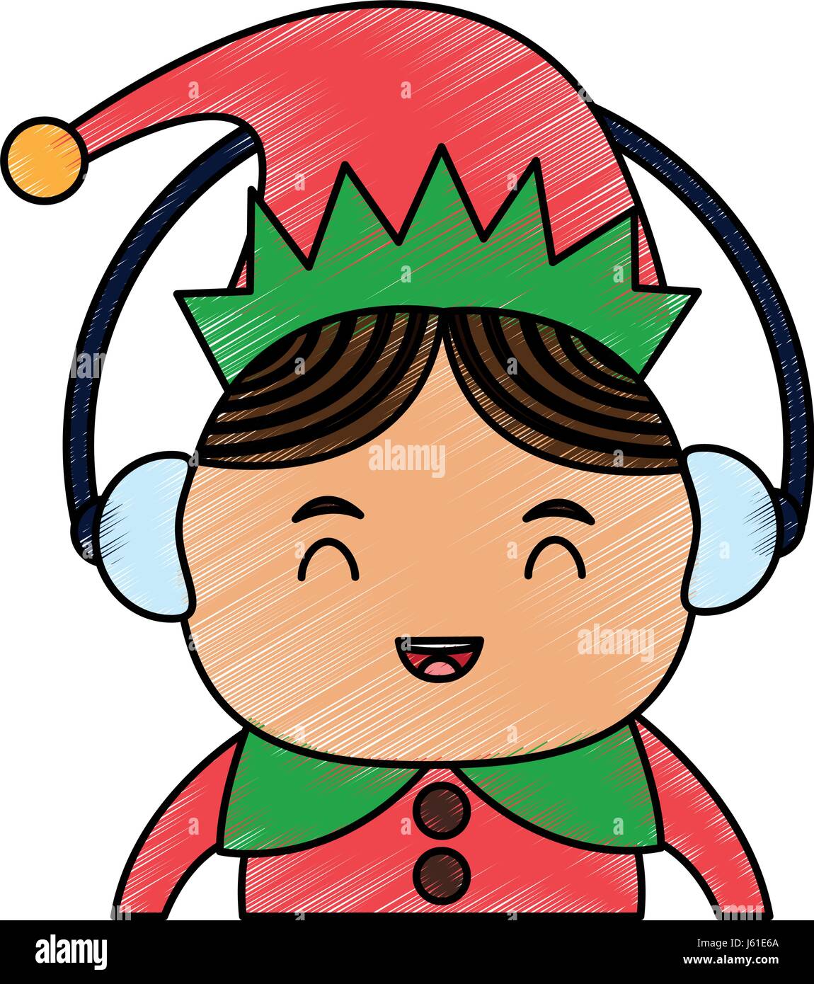 color pencil cartoon half body christmas elf with earphones Stock ...