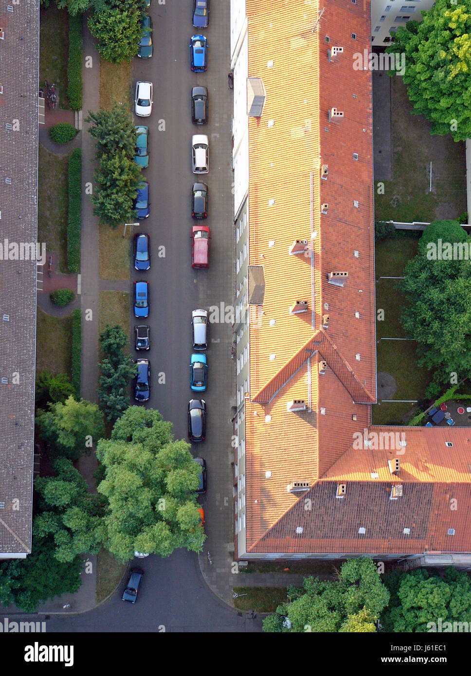 aerial perspective tenements roofs hanover linear parking cars ...