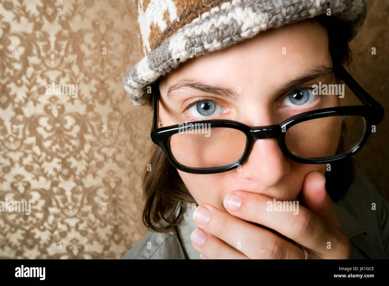 woman lady female spectacles glasses eyeglasses adult cap shocked ...