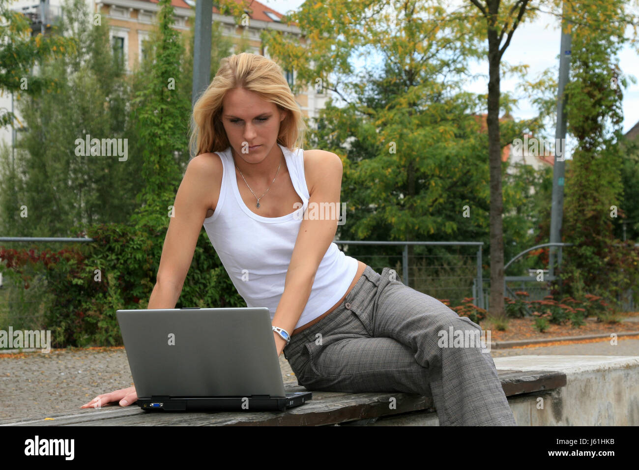 woman laptop notebook computers computer park seat bench break rest ...