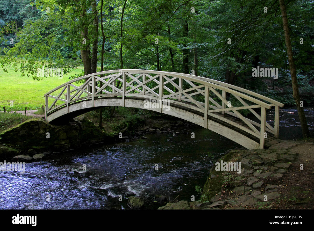bridge transition arched bridge cross change of ends forest river water ...