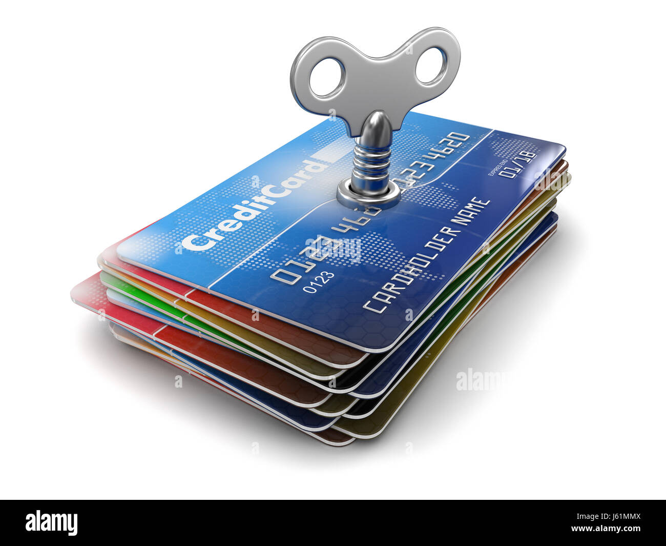 Credit Cards with winding key. Image with clipping path Stock Photo - Alamy