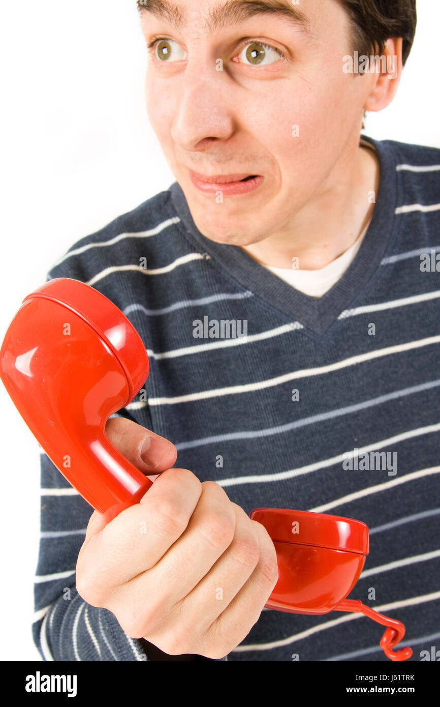 telephone phone communication grimace funny irritated red man telephone ...