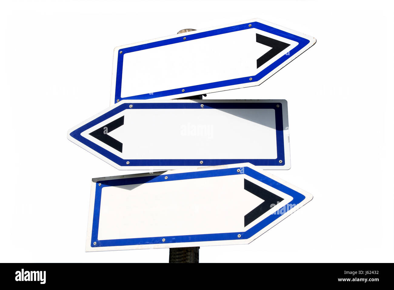 blank european caucasian three direction uninhabited signpost sign ...