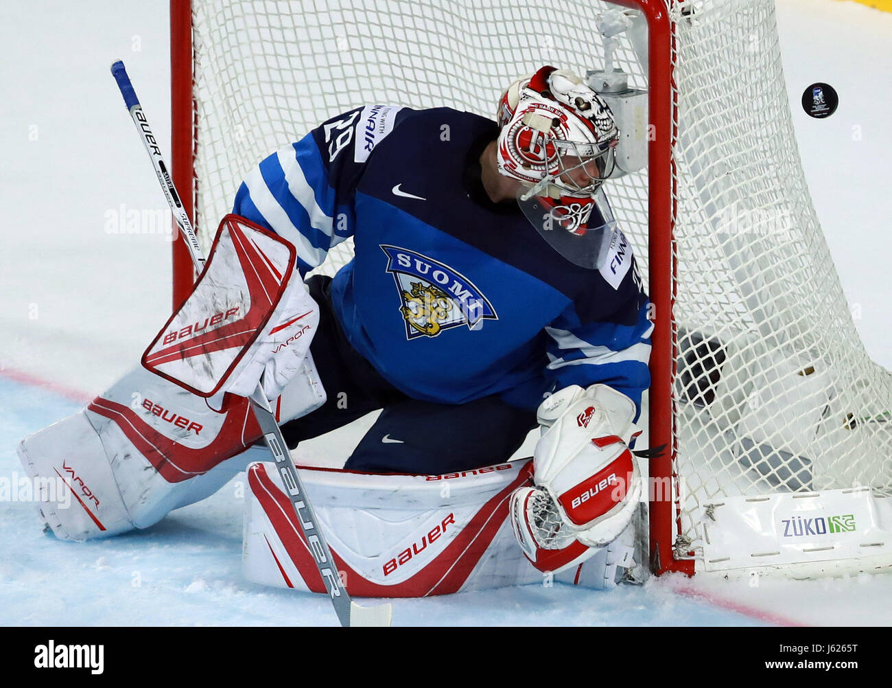 Cologne. 18th May, 2017. Goalkeeper Harri Sateri of Finland defends ...