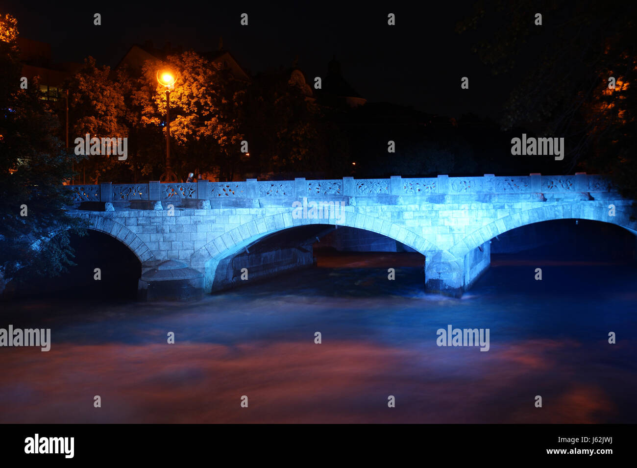 bridge munich illuminated bridge night photograph lighted bavaria ...