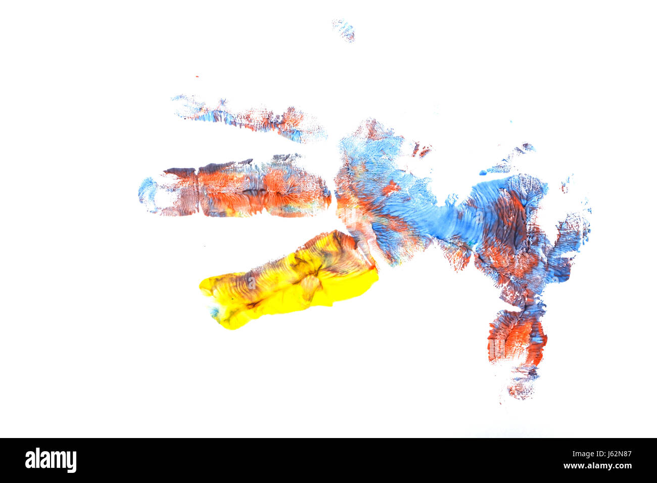 Yellow, blue and red imprint of a child's hand gouache. Children's ...