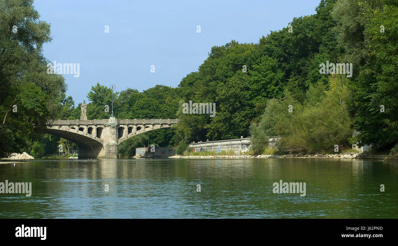 bridge munich river water historical tree trees waters statue bridge ...