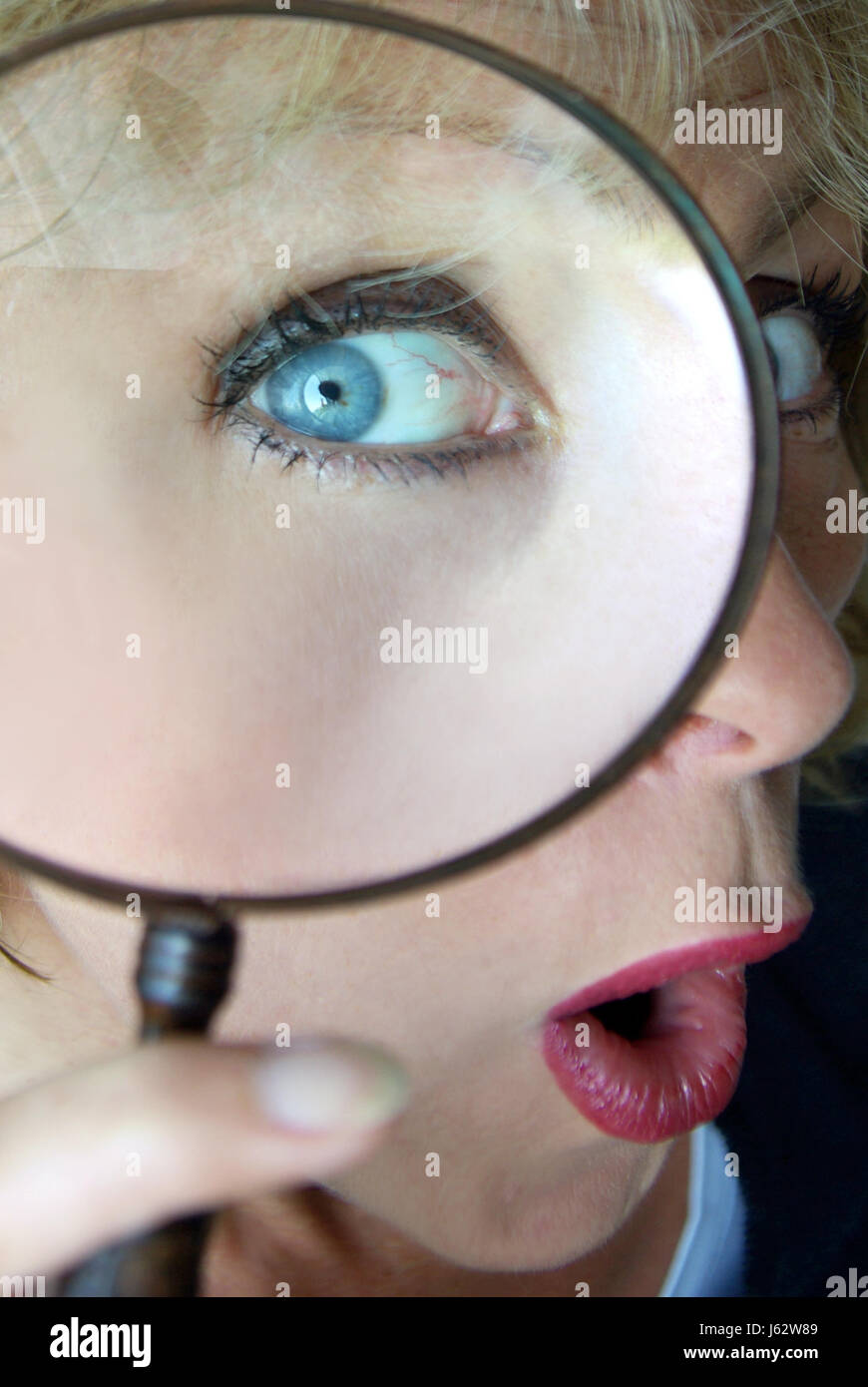 woman curious nosey nosy eye organ magnifier astonishment compare ...