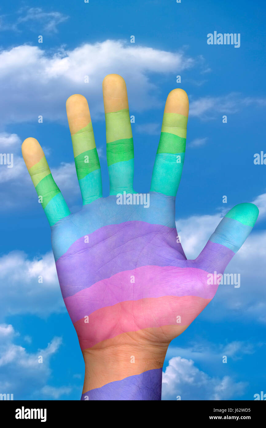 hand achievement rainbow peace firmament sky together humans human ...