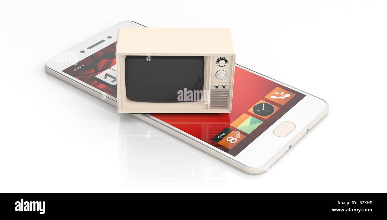 Vintage television and a smartphone isolated on white background. 3d ...