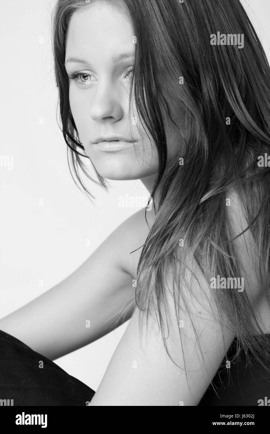 woman beautiful beauteously nice sad expression thinking young younger ...