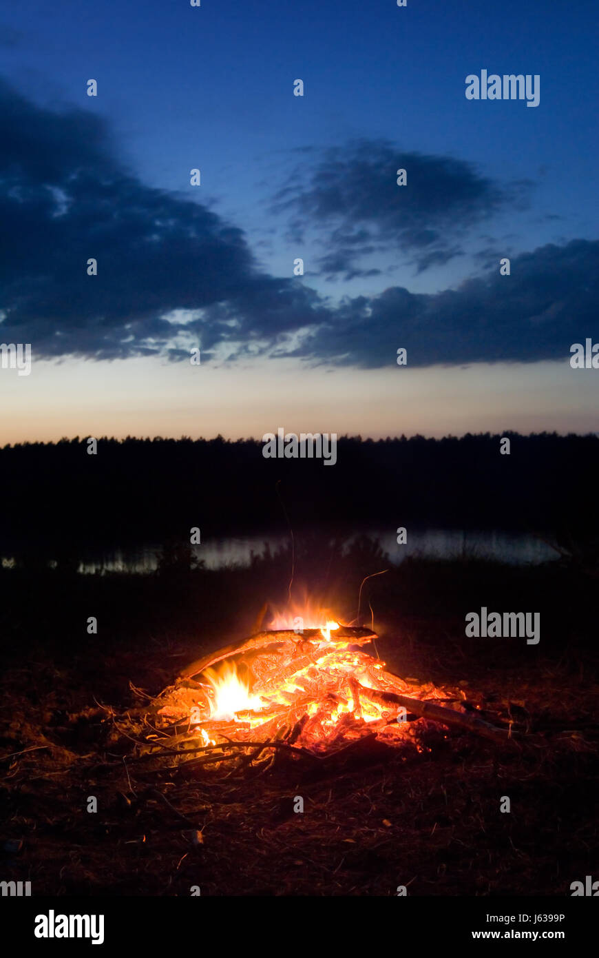 twilight fire conflagration dusk campfire blue tree trees horizon night ...