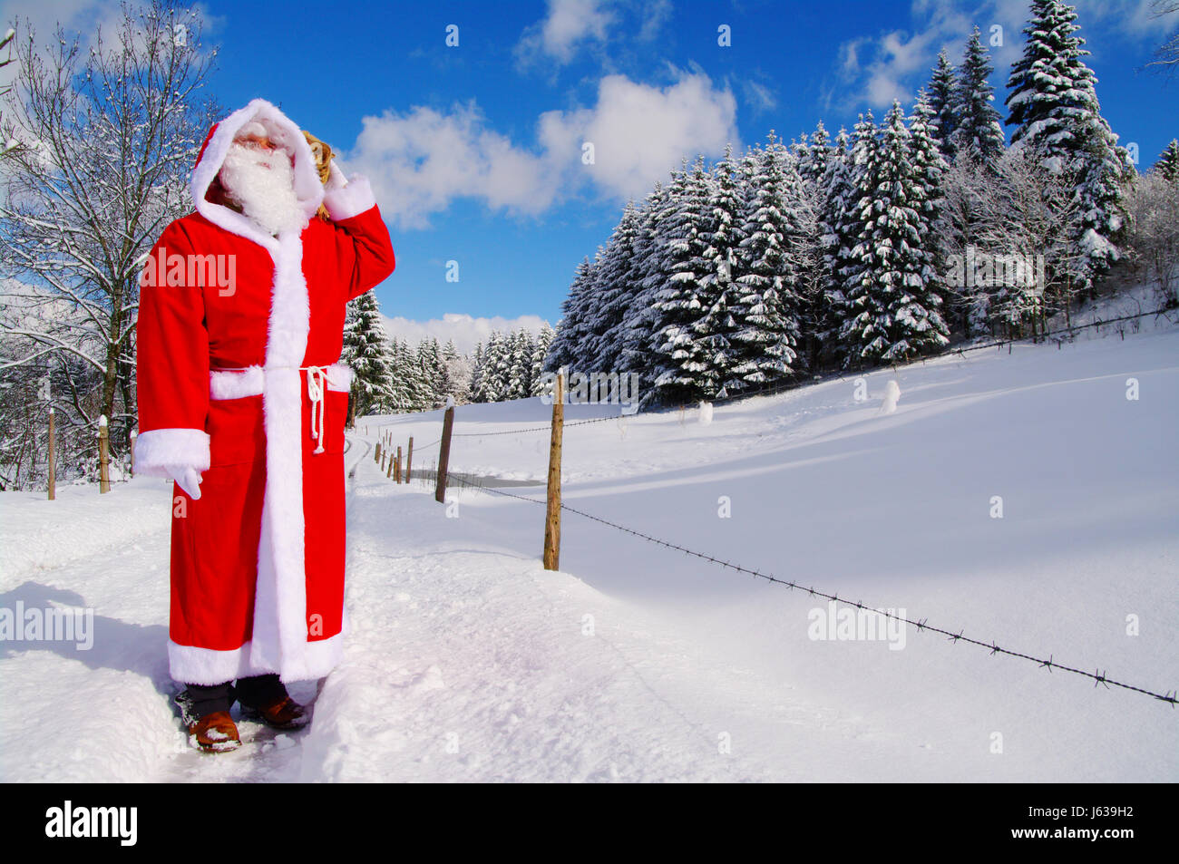 father christmas outside standing nicholas snow scenery countryside ...