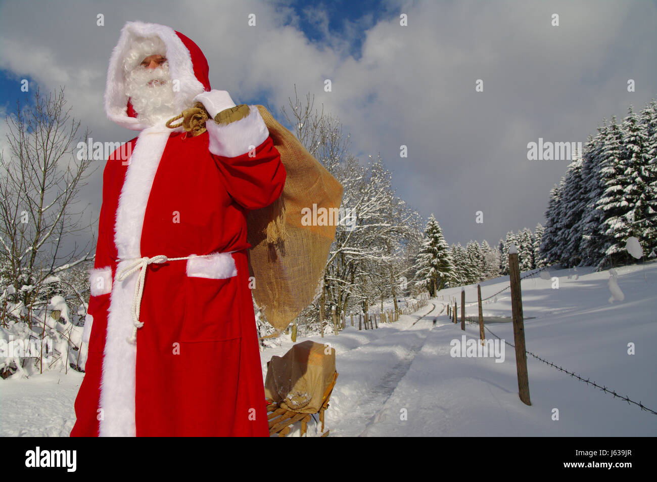 father christmas outside nicholas bag sledge snow scenery countryside ...