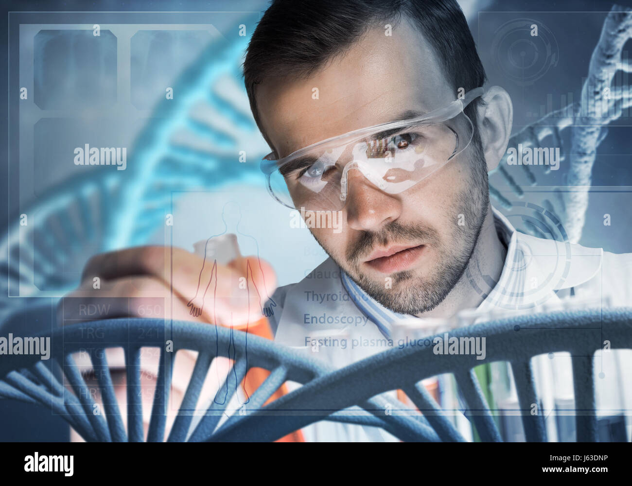 Portrait of concentrated male scientist working with reagents in ...