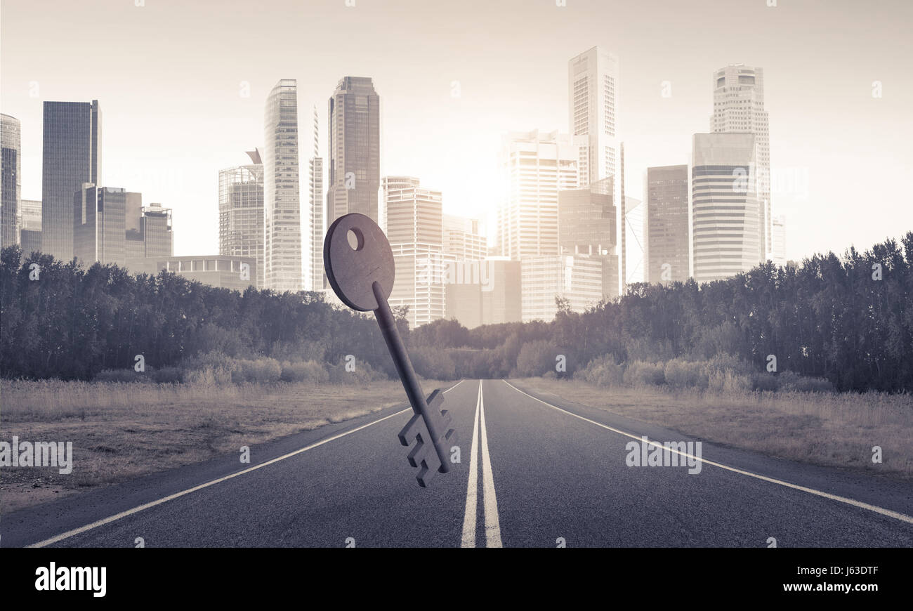 Conceptual background image of concrete key sign on asphalt road Stock ...