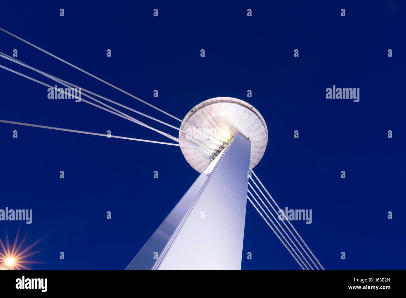 The Ufo tower on the Danube Bridge by night in Bratislava Stock Photo ...