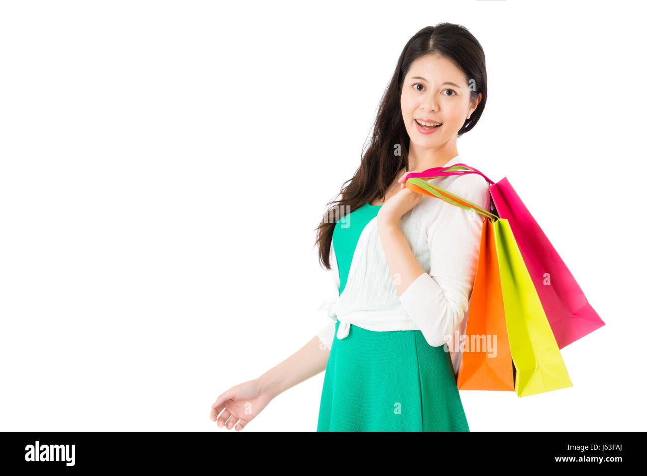 shot of beautiful lady model gesturing shopping satisfied with colorful ...