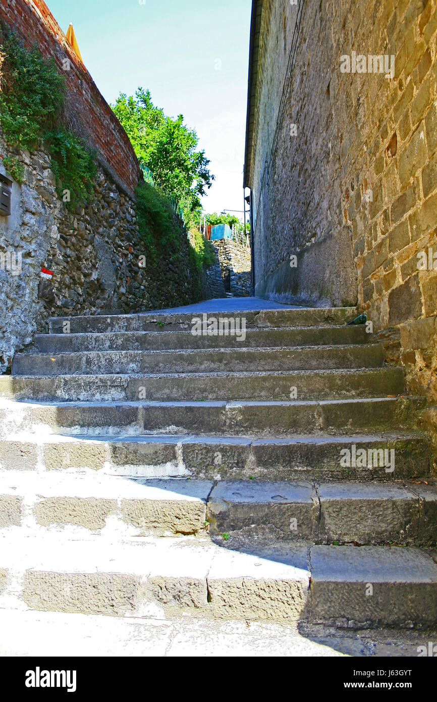 stairs stone wall down line tightly old stairs upwards walk go going ...