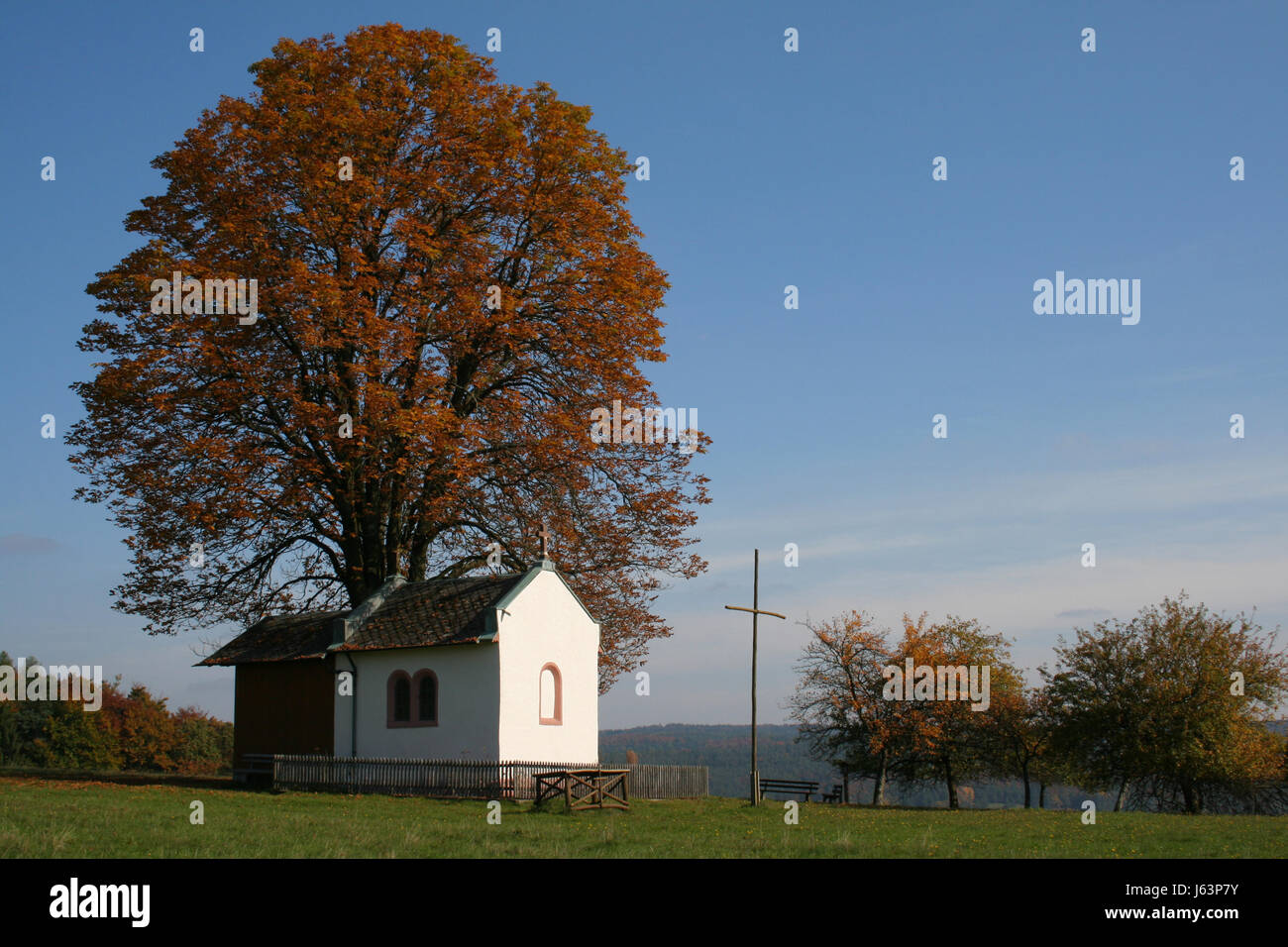chapel mountain fall autumn religion belief church tree shine shines ...